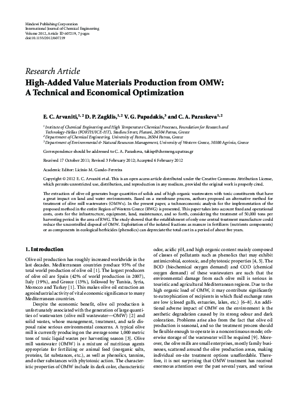 (PDF) High-Added Value Materials Production from OMW: A Technical and ...