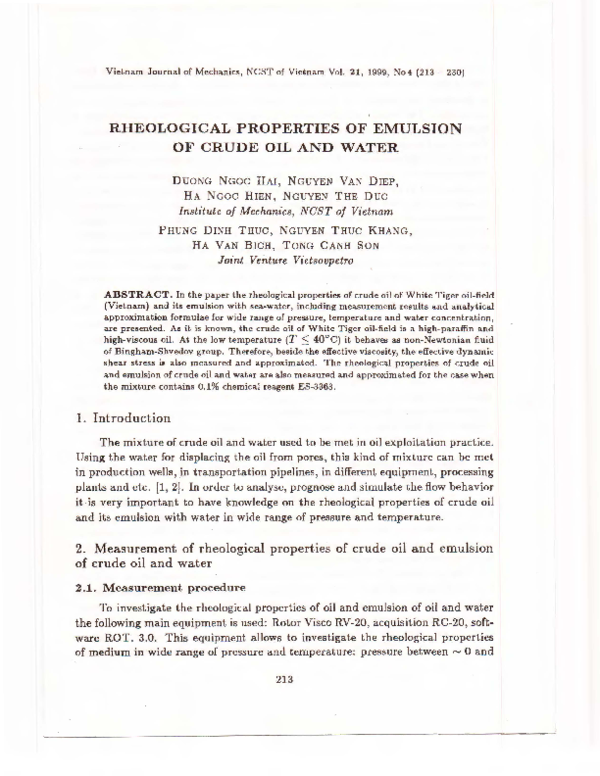(PDF) Rheological properties of emulsion of crude oil and water