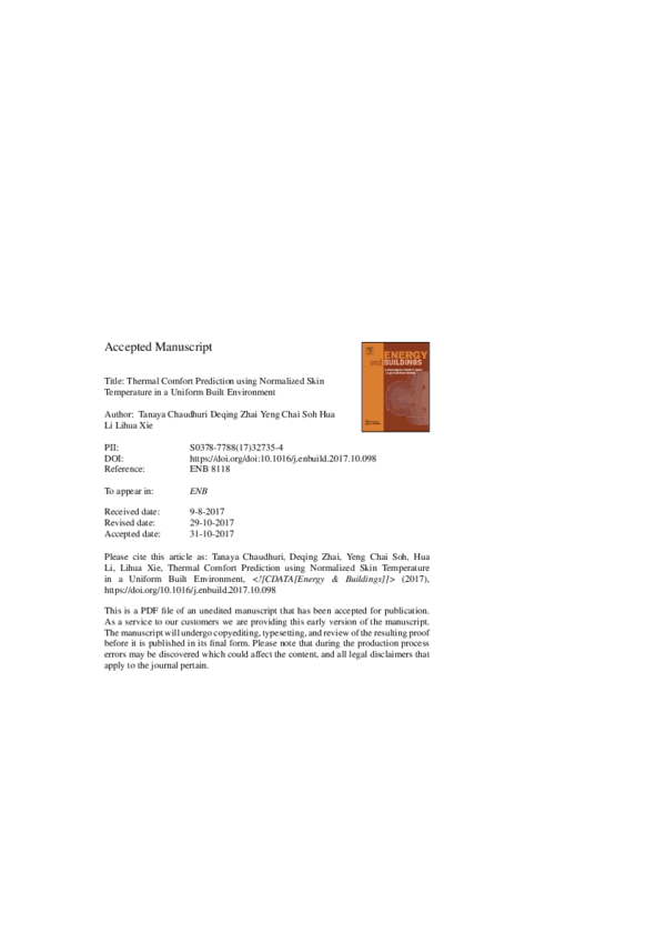 (PDF) Thermal comfort prediction using normalized skin temperature in a ...