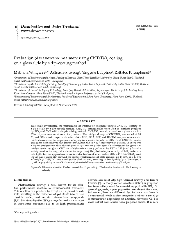 (PDF) Evaluation of wastewater treatment using CNT/TiO2 coating on a ...
