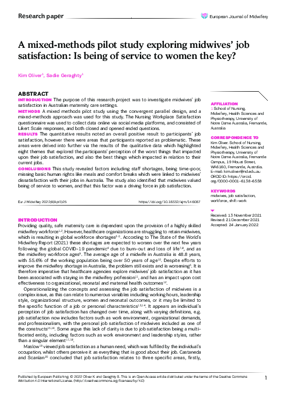 (PDF) A mixed-methods pilot study exploring midwives’ job satisfaction: Is being of service to ...