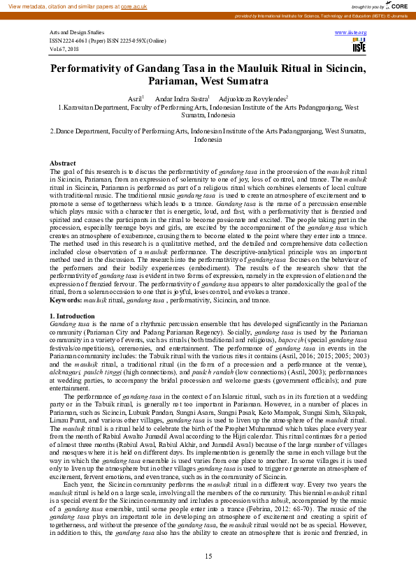 (PDF) Performativity Of Gandang Tasa In The Mauluik Ritual In Sicincin ...