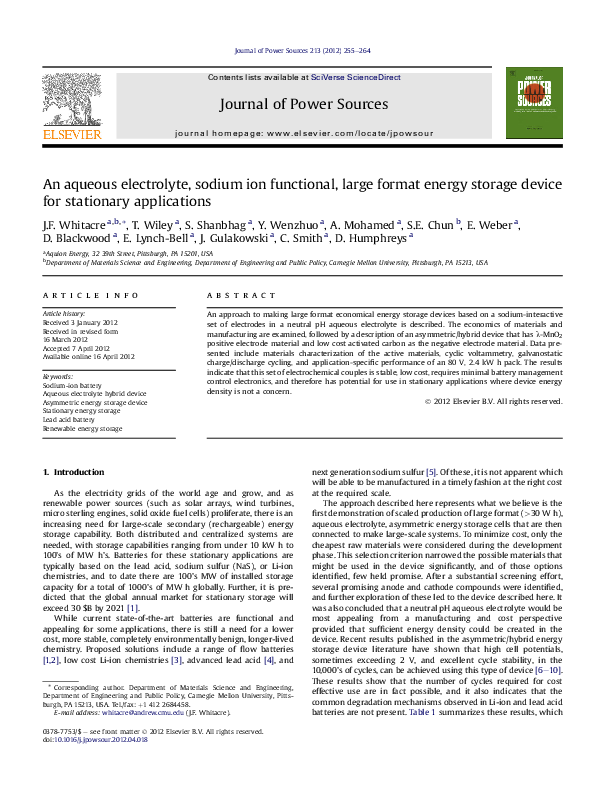 (PDF) An aqueous electrolyte, sodium ion functional, large format ...