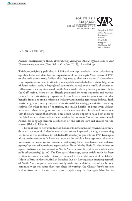 (PDF) Book Review: Ananda Bhattacharyya (Ed.), Remembering Komagata ...