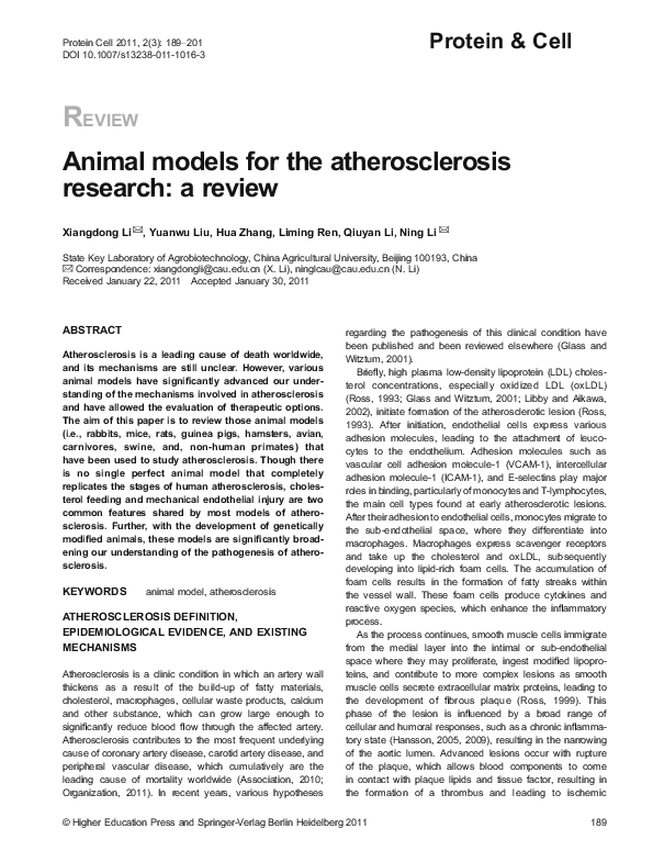 (PDF) Animal models for the atherosclerosis research: a review