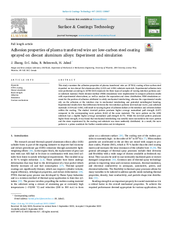 (PDF) Adhesion properties of plasma transferred wire arc low-carbon ...