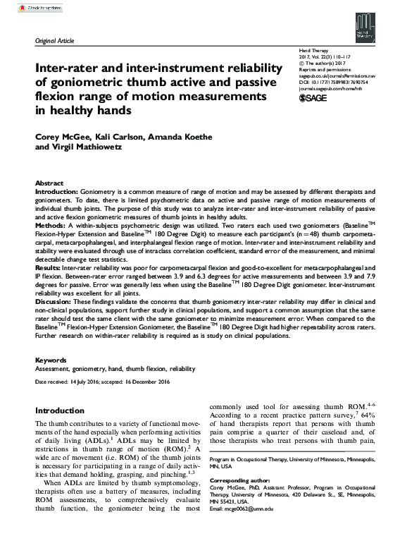 (PDF) Inter-rater and inter-instrument reliability of goniometric thumb ...