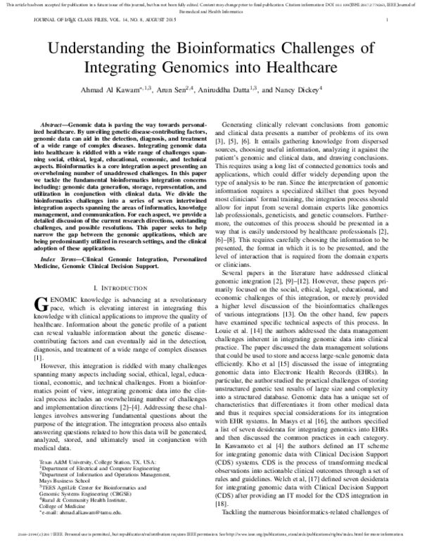 (PDF) Understanding the Bioinformatics Challenges of Integrating Genomics Into Healthcare