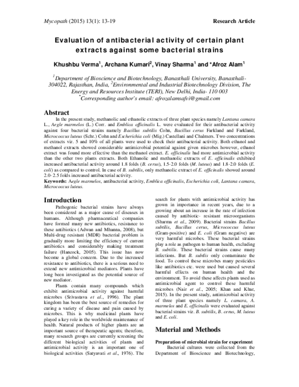 Pdf Evaluation Of Antibacterial Activity Of Certain Plant Extracts