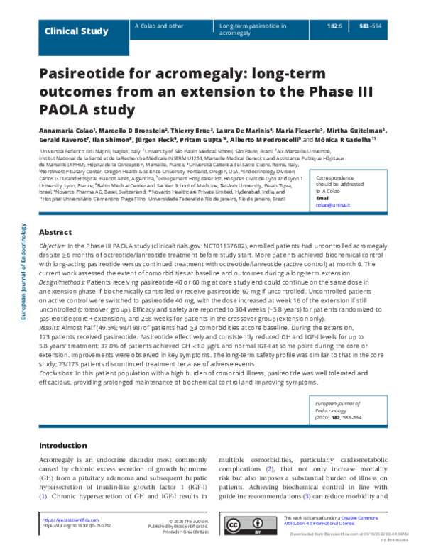 (PDF) Pasireotide for acromegaly: long-term outcomes from an extension to the Phase III PAOLA study