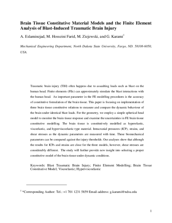 (PDF) Brain Tissue Constitutive Material Models and the Finite Element Analysis of Blast-Induced ...