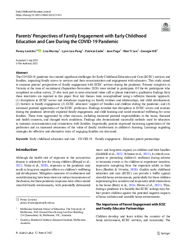 Pdf Parents Perspectives Of Family Engagement With Early Childhood