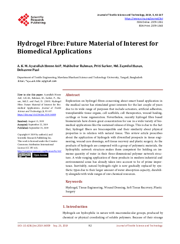 (PDF) Hydrogel Fibre: Future Material of Interest for Biomedical Applications