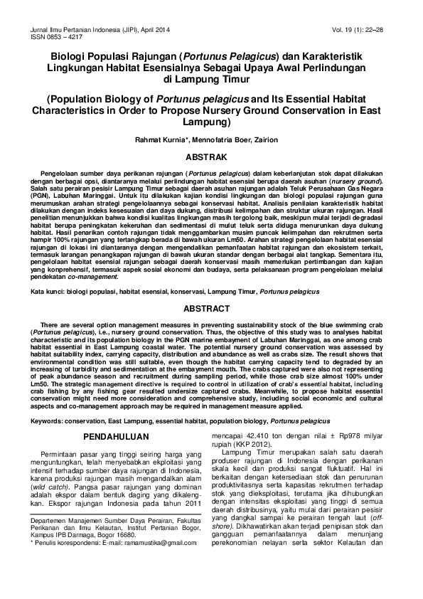 (PDF) Biologi Populasi Rajungan (Portunus Pelagicus) dan Karakteristik ...