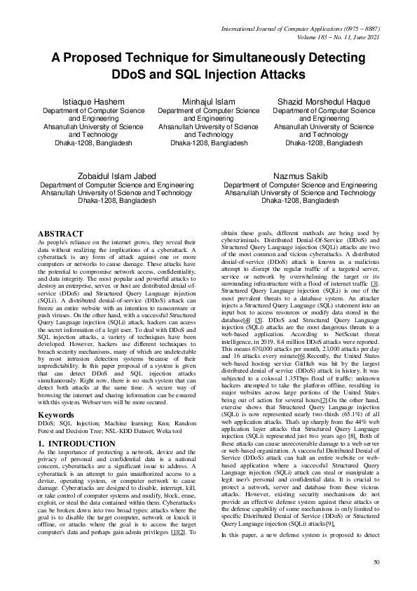 Pdf A Proposed Technique For Simultaneously Detecting Ddos And Sql Injection Attacks