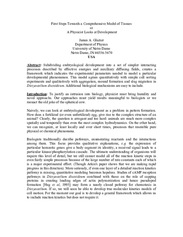 (PDF) First Steps Towards a Comprehensive Model of Tissues, or: A Physicist Looks at Development