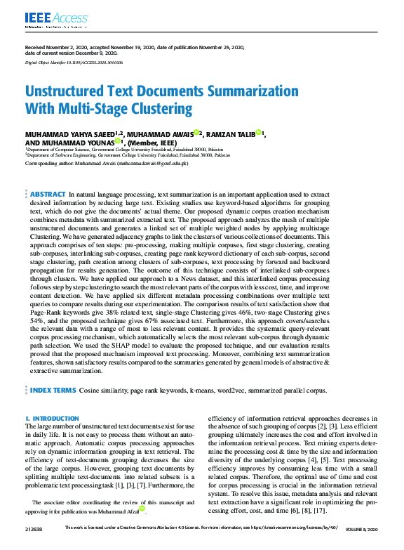 (PDF) Unstructured Text Documents Summarization With Multi-Stage Clustering