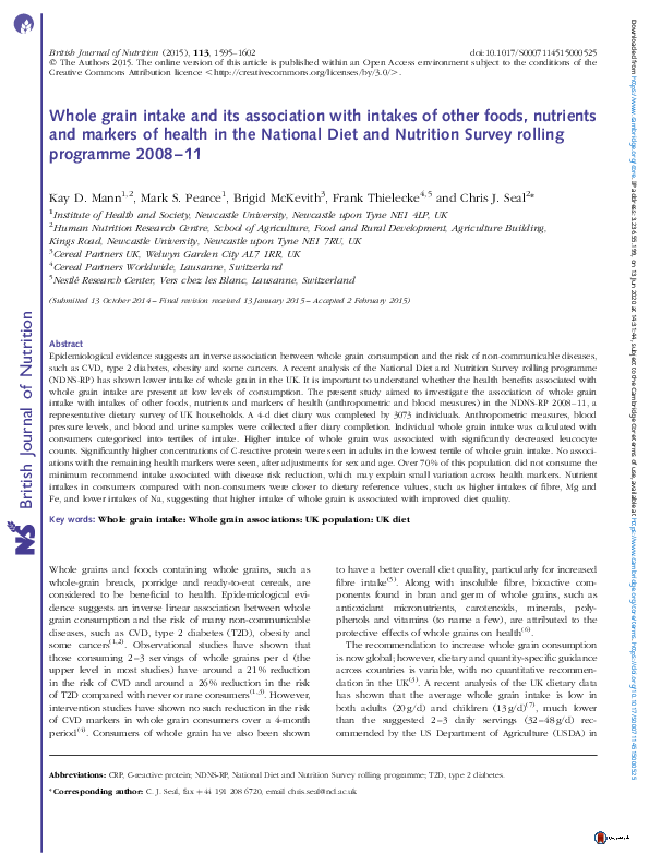 (PDF) Whole grain intake and its association with intakes of other ...