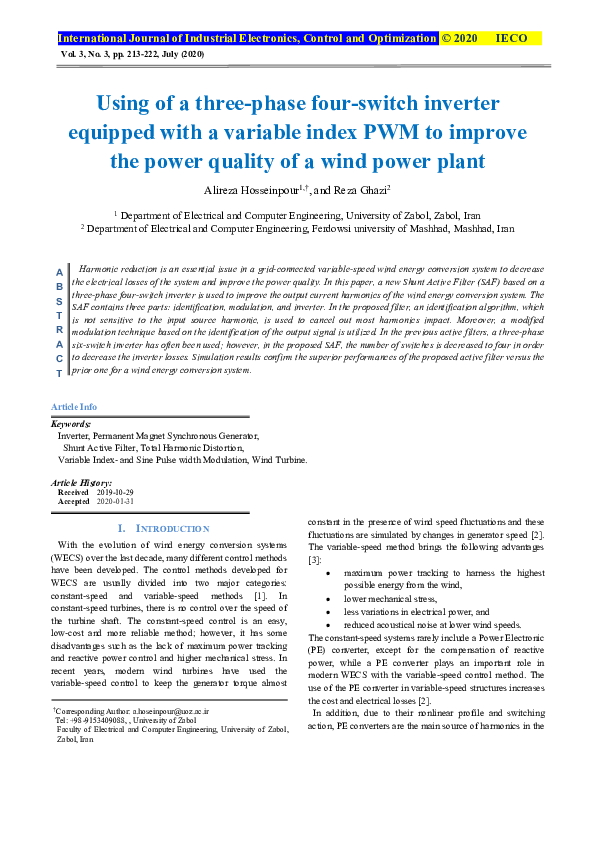 Pdf Using Of A Three Phase Four Switch Inverter Equipped With A Variable Index Pwm To Improve
