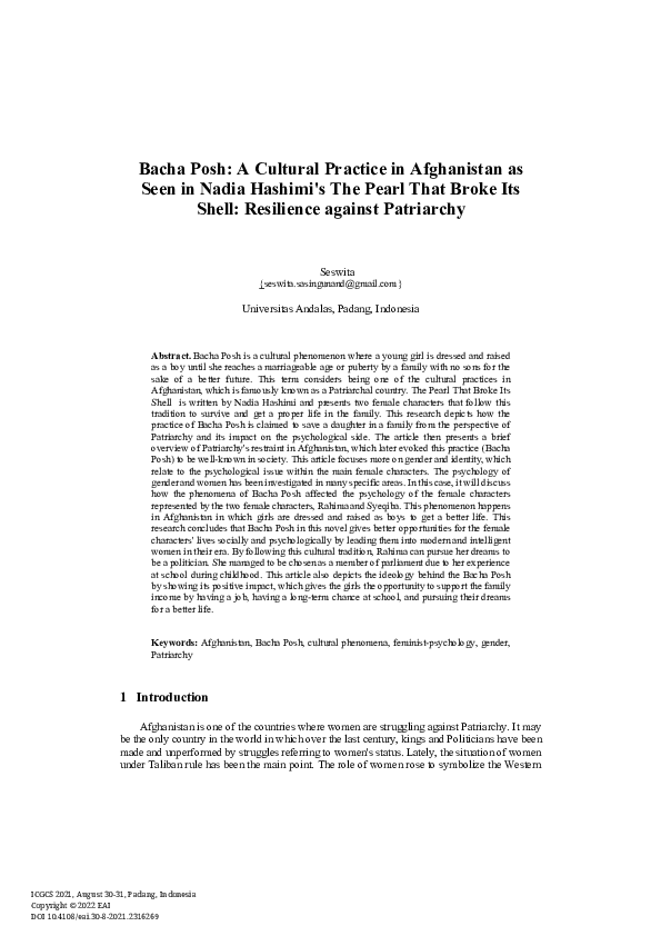 Pdf Bacha Posh A Cultural Practice In Afghanistan As Seen In Nadia Hashimis The Pearl That