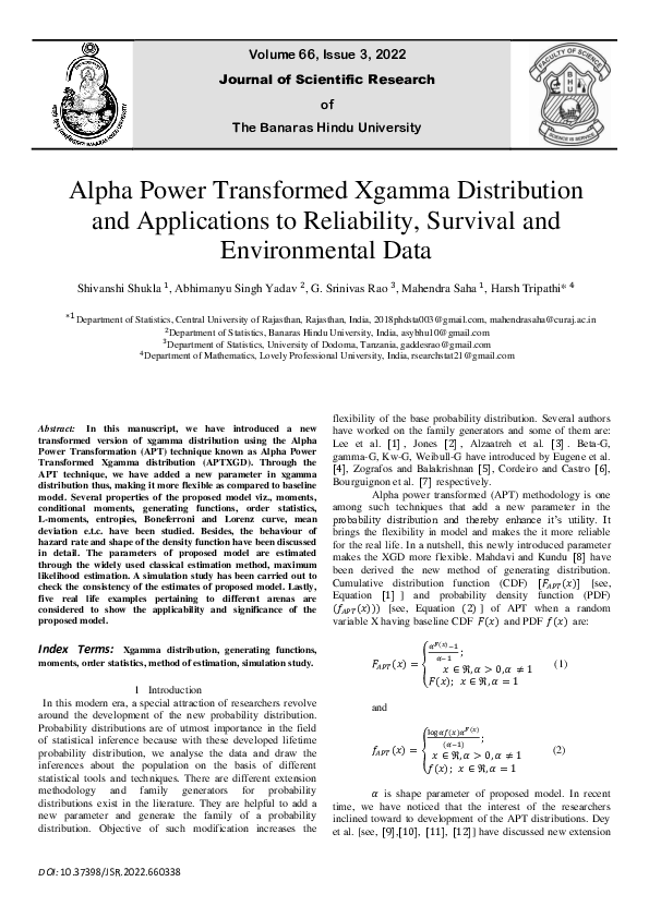 (PDF) Alpha Power Transformed Xgamma Distribution and Applications to Reliability, Survival and ...