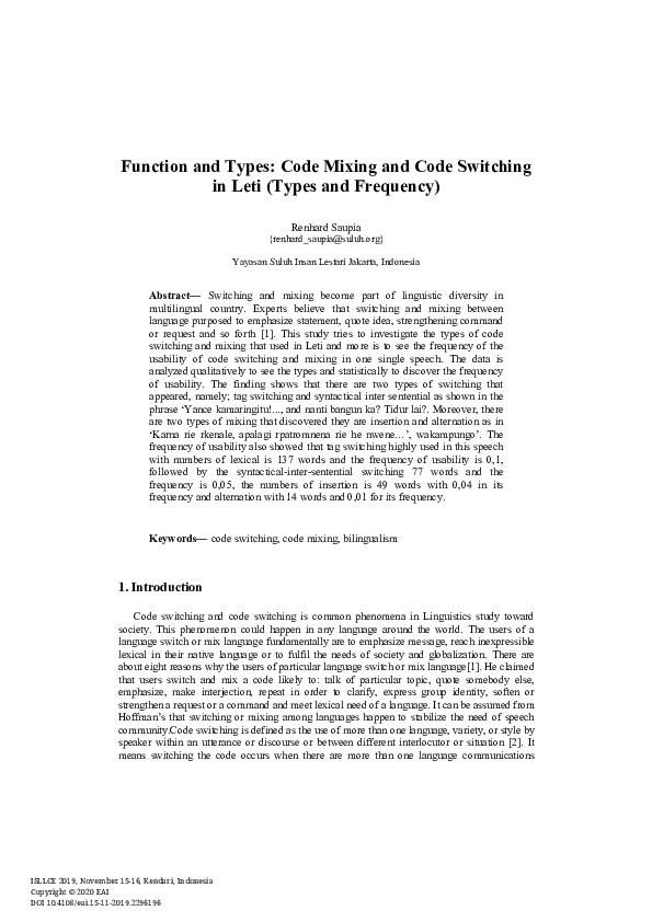 (PDF) Function and Types: Code Mixing and Code Switching in Leti (Types and Frequency)
