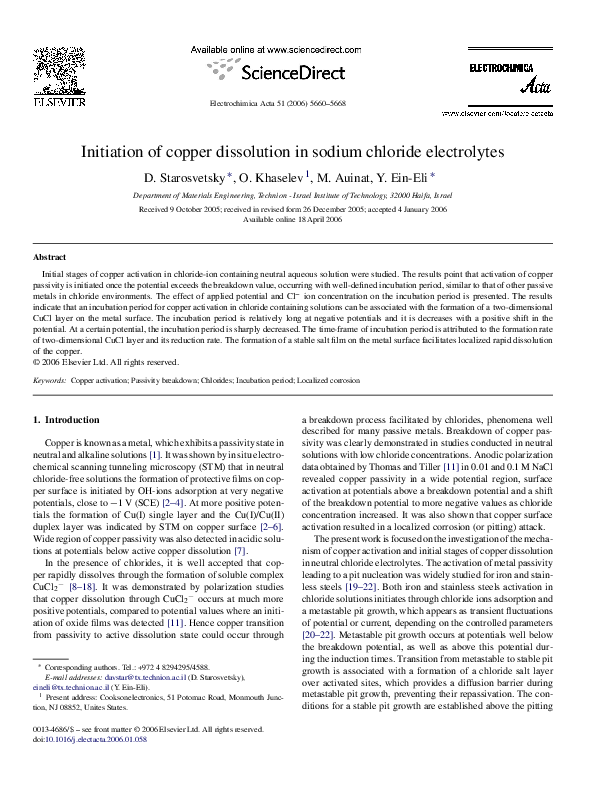(PDF) Initiation of copper dissolution in sodium chloride electrolytes