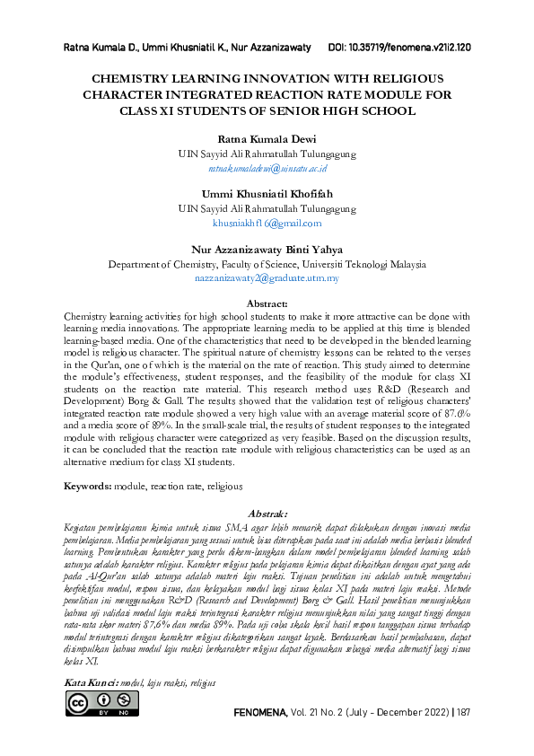 (PDF) Chemistry Learning Innovation with Religious Character Integrated ...