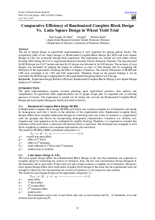 (PDF) Comparative Efficiency of Randomized Complete Block Design Vs. Latin Square Design in ...