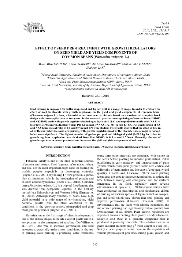 (PDF) EFFECT OF SEED PRE-TREATMENT WITH GROWTH REGULATORS ON SEED YIELD AND YIELD COMPONENTS OF ...