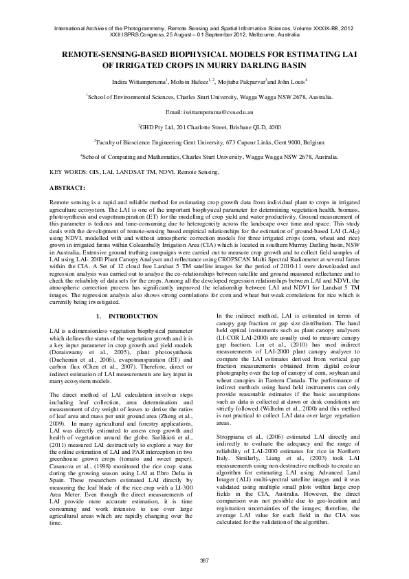 (PDF) Remote-Sensing-Based Biophysical Models for Estimating Lai of Irrigated Crops in Murry ...