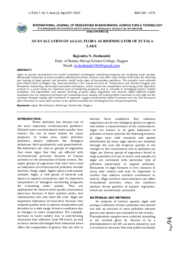 (PDF) An Evaluation of Algal Flora as Bioindicator of Futala Lake
