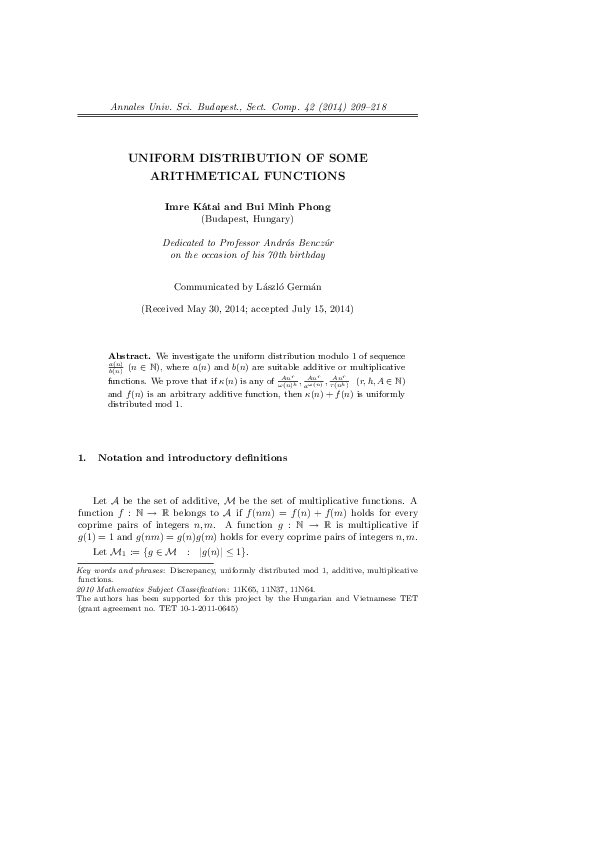 (PDF) Uniform Distribution of Some Arithmetical Functions