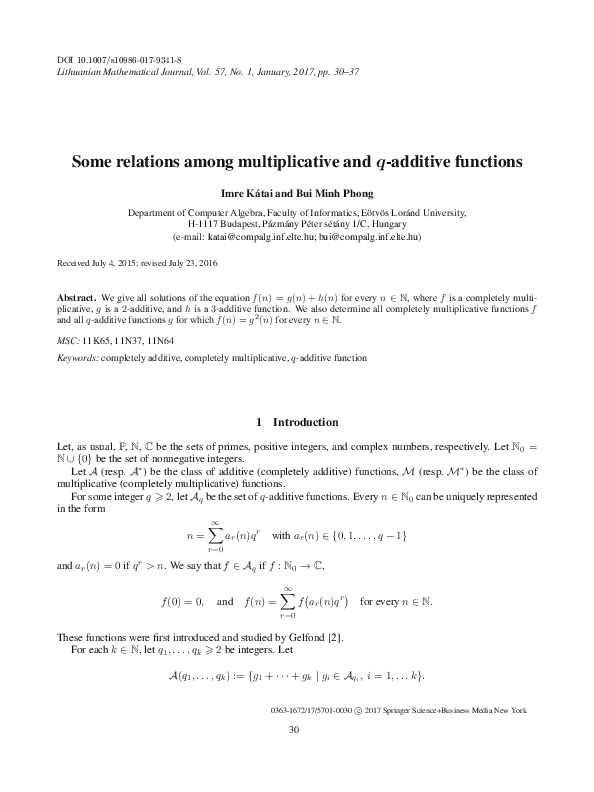 (PDF) Some relations among multiplicative and q-additive functions (PDF) Some relations among multiplicative and q-additive functions
