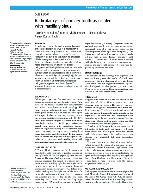 (PDF) Radicular cyst of primary tooth associated with maxillary sinus