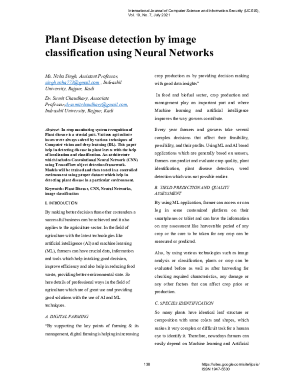 (PDF) Plant Disease detection by image classification using Neural Networks