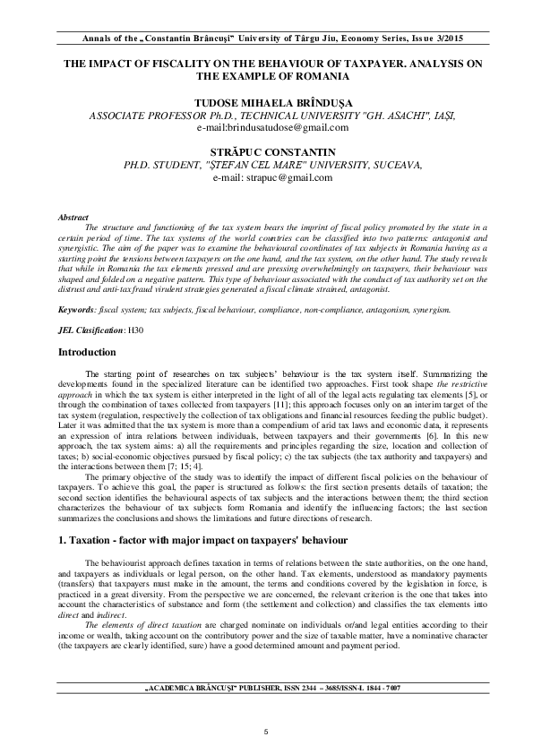 (PDF) The Impact Of Fiscality On The Behaviour Of Taxpayer. Analysis On ...