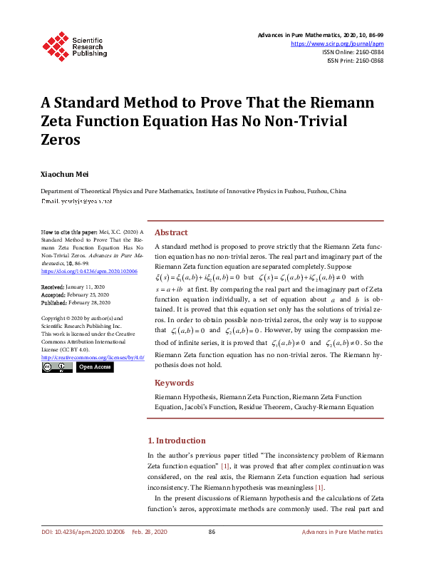 Pdf A Standard Method To Prove That The Riemann Zeta Function Equation Has No Non Trivial Zeros