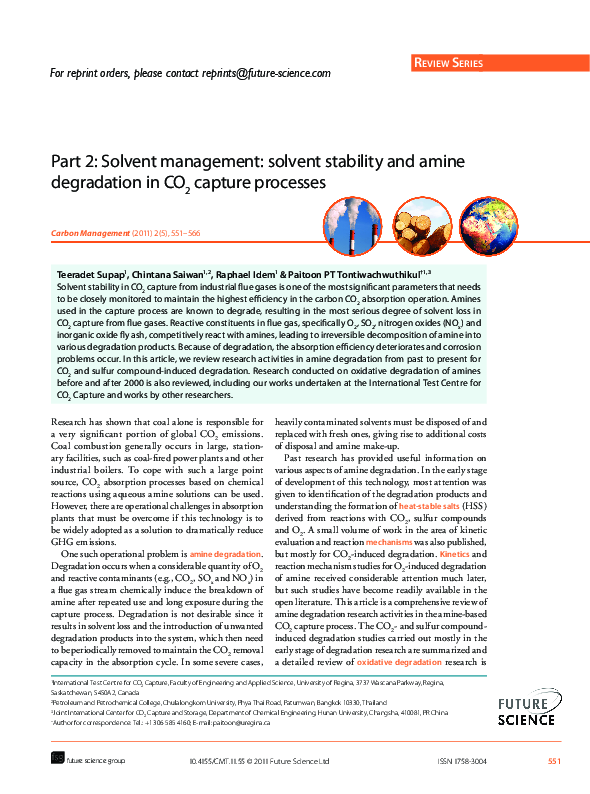 (PDF) Part 2: Solvent management: solvent stability and amine ...