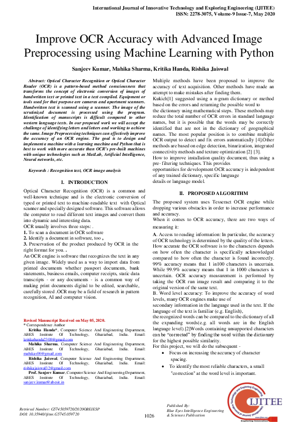 Pdf Improve Ocr Accuracy With Advanced Image Preprocessing Using Machine Learning With Python