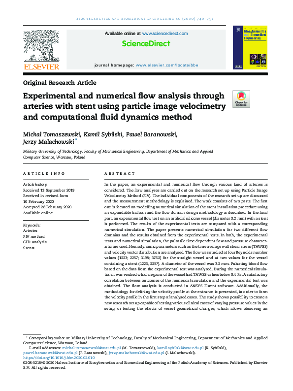 (PDF) Experimental and numerical flow analysis through arteries with stent using particle image ...