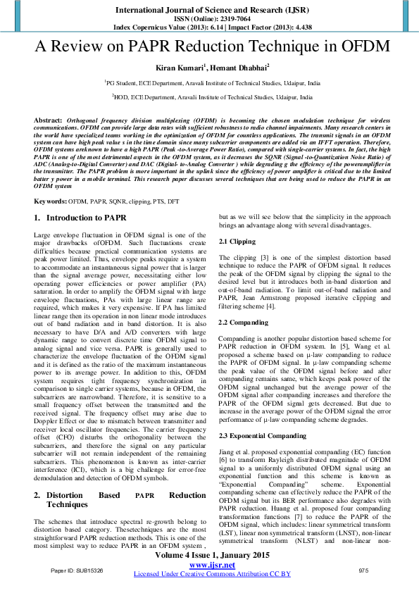Pdf A Review On Papr Reduction Technique In Ofdm