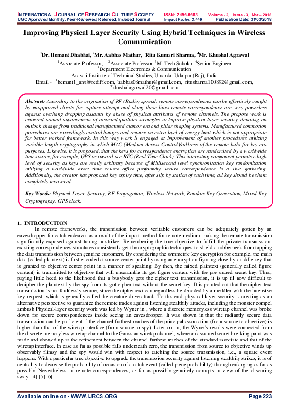 (PDF) INTERNATIONAL JOURNAL OF RESEARCH CULTURE SOCIETY Improving Physical Layer Security Using ...