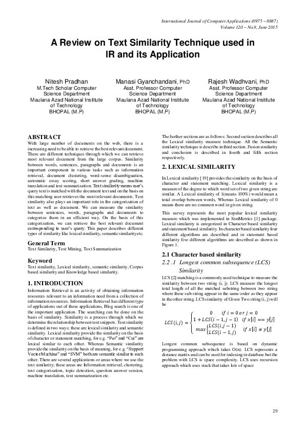 (PDF) A Review on Text Similarity Technique used in IR and its Application