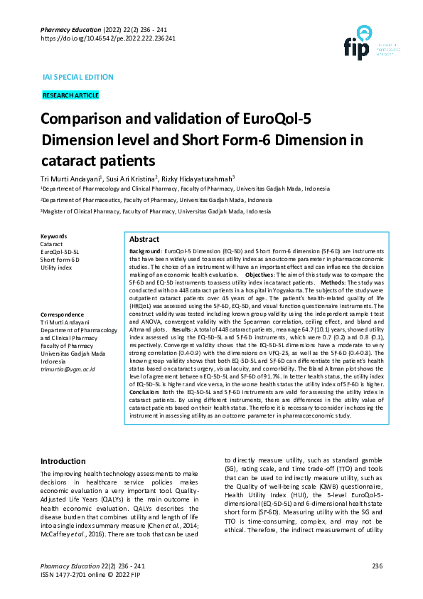 (PDF) Comparison and validation of EuroQol-5 Dimension level and Short ...