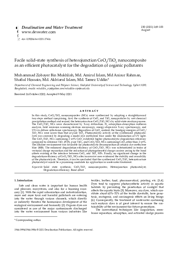 (PDF) Facile solid-state synthesis of heterojunction CeO2/TiO2 nanocomposite as an efficient ...