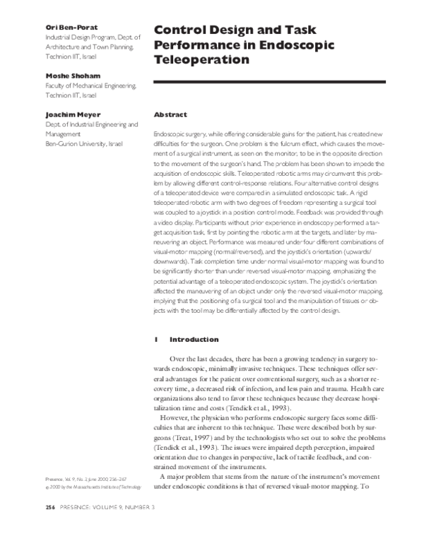(PDF) Control Design and Task Performance in Endoscopic Teleoperation ...