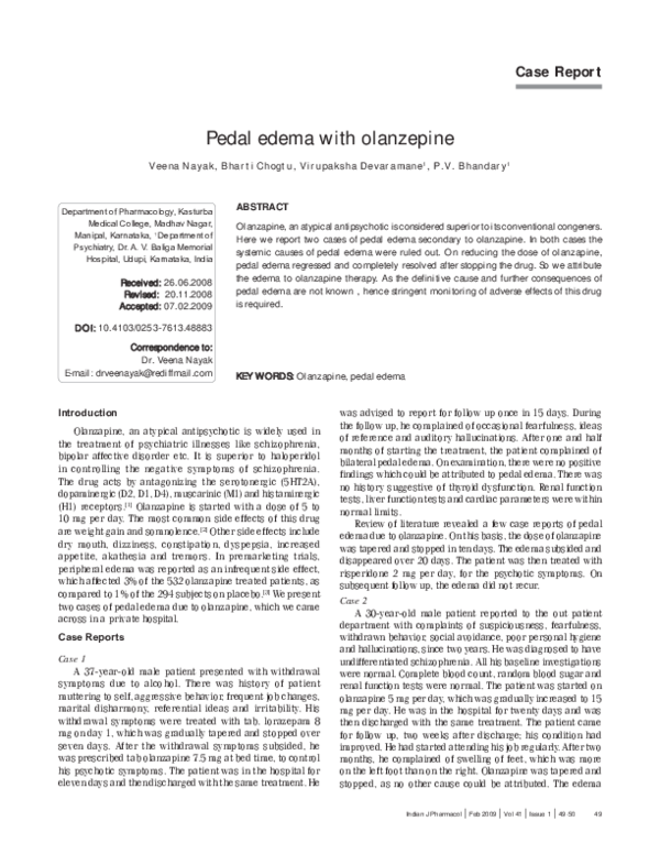 (PDF) Pedal edema with olanzepine