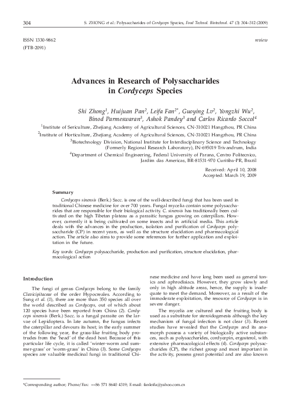 (PDF) Advances in research of polysaccharides in Cordyceps species