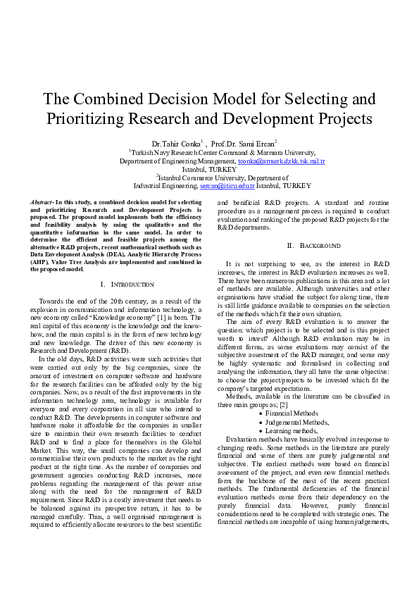 (PDF) The combined decision model for selecting and prioritizing ...